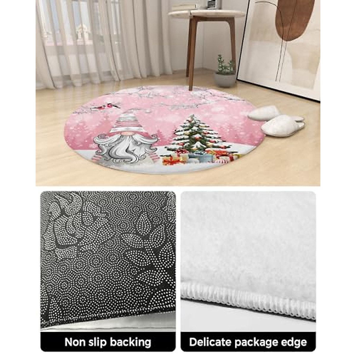 Christmas Gnomes Fluffy Round Area Rug Carpets 4ft, Plush Shaggy Carpet Soft Circular Rugs, Non-Slip Fuzzy Accent Floor Mat for Living Room Bedroom Nursery Home Decor Xmas Snowy Tree Bird Pink
