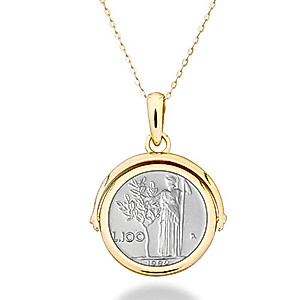 Miabella 18K Gold over Sterling Silver Italian Genuine Reversible Flip 100 Lira Coin Pendant with Adjustable Chain Necklace, Medallion Made in Italy