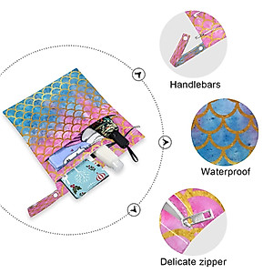 Sea Mermaid Scales Wet Dry Bags Sets Colorful Cute Baby Cloth Diaper Bag Waterproof Reusable Organizer with Two Zippered Pockets Beach Travel Washable Bag for Swimsuits Wet Clothes 2 pcs