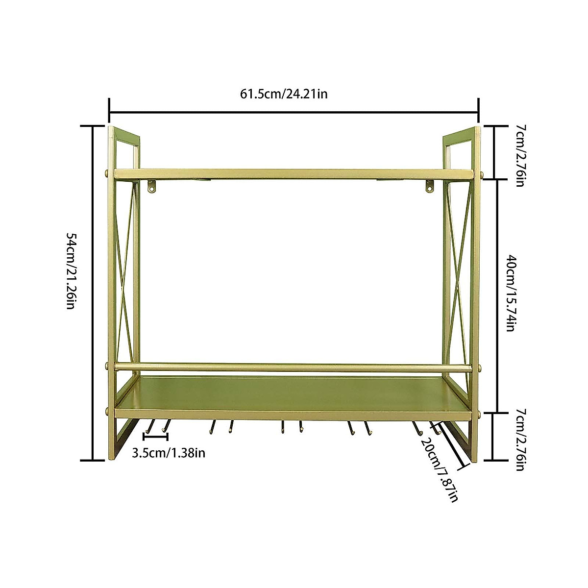 FLRH Metal Multipurpose Shelf Hung Bracket 24.2in, Gold Wine Racks Wall Mounted with Glass Holder, 2-Tiers Wall Mount Bottle Holder Glass Rack