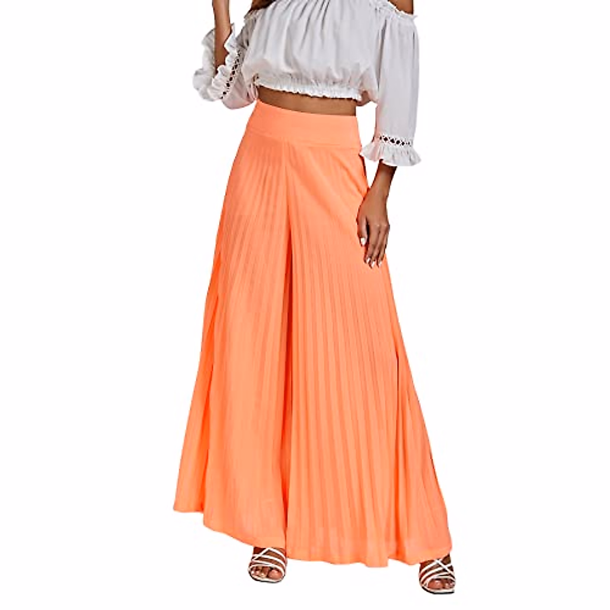 LYANER Women's Elastic High Waisted Wide Leg Palazzo Pants Loose and Casual Pleated Trousers Orange X-Large
