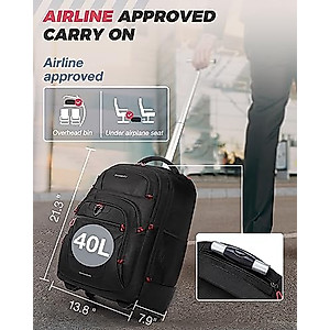 BAGSMART Rolling Backpack, Large Laptop Backpack with Wheels for Adults, Water-Resistant Rolling College Backpack with Telescoping Handle for Work Travel Business, Black