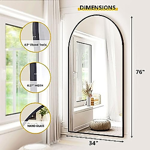 GLSLAND-34x76 inch Arched Full Length Mirror-Aluminum Alloy Frame High Definition-Full Body Mirror for Bedroom or Living Room,Black