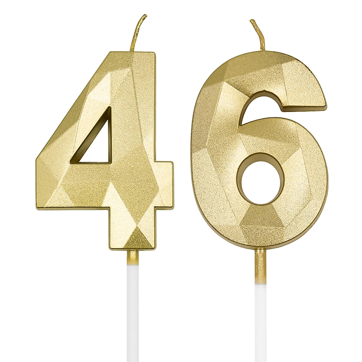 46th & 64th Birthday Candles for Cake, Gold Number 46 64 3D Diamond Shaped Candle Birthday Decorations Party Supplies for Women or Men