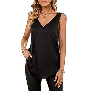 Dokotoo Black Tank Top Women 2023 V Neck Satin Long Flowy Womens Tank Tops Loose Fit Silk Dressy Camisole Black Medium