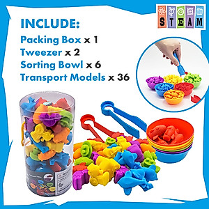 UNIQUE KIDS Counting Educational Learning Toy Set with Sorting Cups – Fun Color Classification and Math Training Game for Toddlers and Preschoolers Ages 3 and Up (Transport Vehicles)