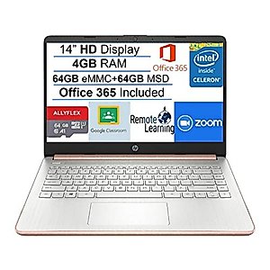 HP 2021 Newest Stream 14" HD SVA Laptop Computer, Intel Celeron N4000 Processor, 4GB RAM, 128GB Space(64GB eMMC+64GB MSD), Office 365, HDMI, USB-C, Windows 10, Rose Gold, AllyFlex MP, Online Class