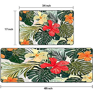 Gesmatic 2 Piece Non Slip Kitchen Mat Non-Slip Summer Colorful Hawaiian Tropical Plants and Hibiscus Flowers 17"X48" 17"X24" for Kitchen Floor Sink Laundry Hallway Dinning Room Office