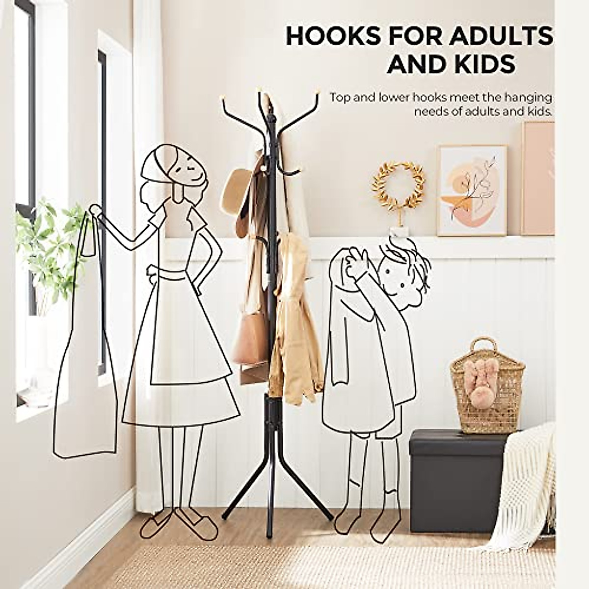 SONGMICS Coat Rack Freestanding, Metal Coat Rack Stand with 12 Hooks and 3 Legs, Coat Tree, Holds Clothes, Hats, and Bags, for Entryway, Living Room, Bedroom, Classic Black URCR018B01