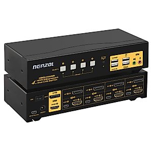4 Port KVM Switch Dual Monitor HDMI + DisplayPort 4K 60Hz, DEPZOL KVM Switch for 4 Computers 2 Monitors with USB 2.0 HUB and Cables 642DH