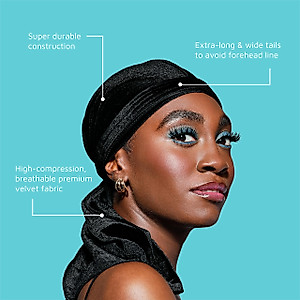 KISS COLORS & CARE Power Wave Velvet Luxe Durag - Black, Breathable, Stretchy Velvet Fabric Ideal For Wave Formation & Overnight Comfort, Stylish & Practical For All Hair Types, 0.13 pounds