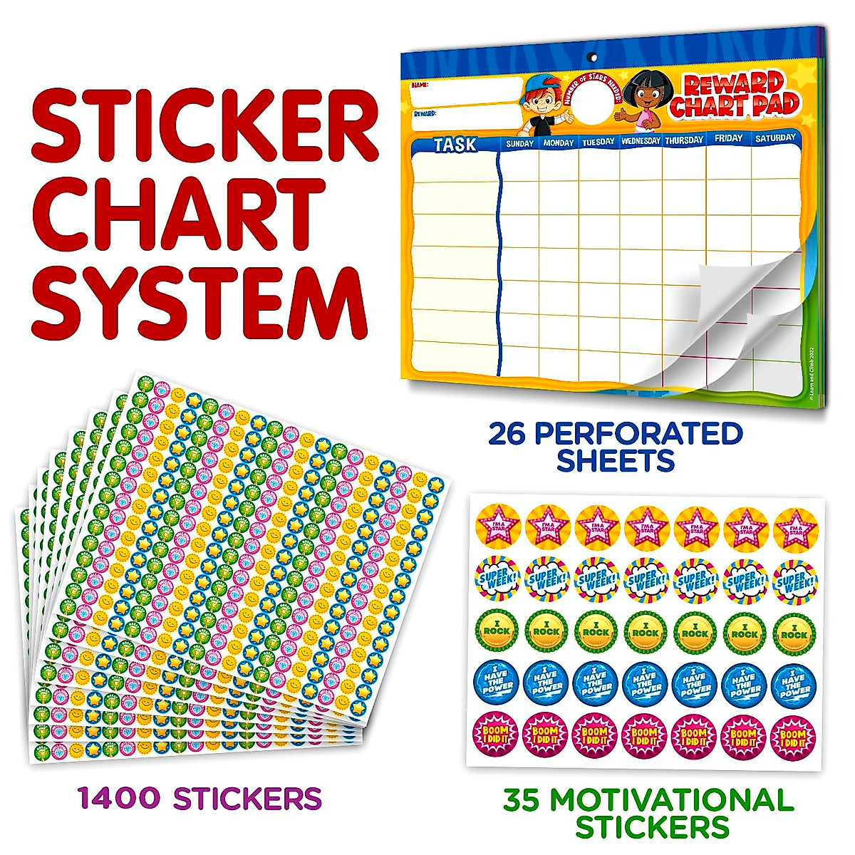 Behavior Reward Chart System - Pad with 26 Chore Charts for Kids, 2800 Stickers to Motivate Responsibility & Good Habits