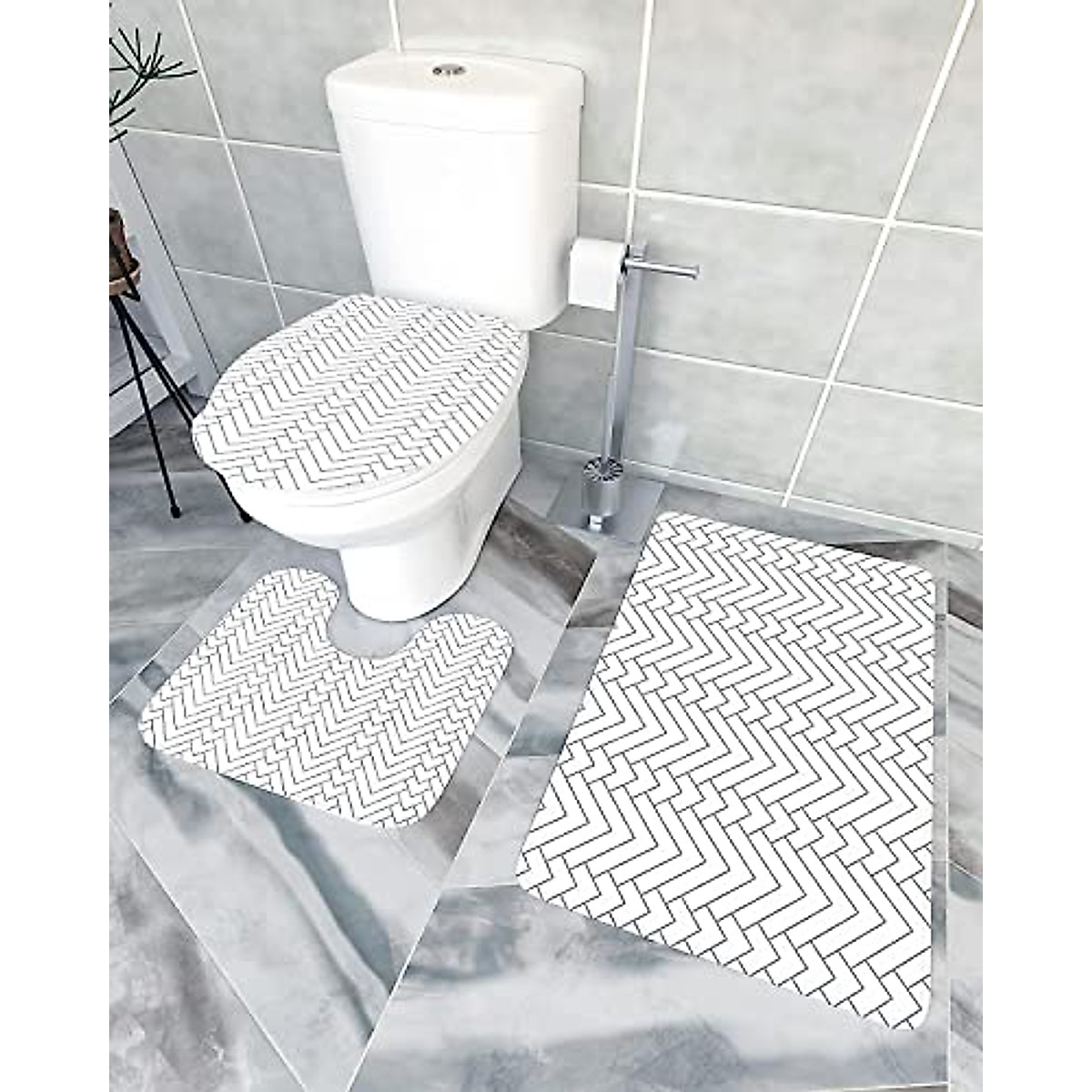 Apular Fashion 3 Piece Bath Rugs Set Modern Herringbone Geometric Grey and White Non Slip Ultra Soft Bathroom Accessories Mats, U Shape Mat and Toilet Lid Cover Mat Bath Mats