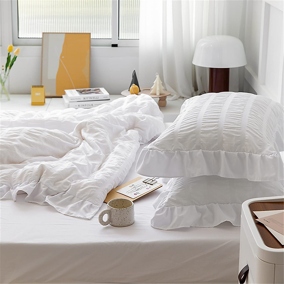 SOUKECHY White Ruffled Bedding-2 Pieces Twin Seersucker Duvet Cover Textured Stripe Style, Soft Lightweight, Washed Microfiber, Zipper Closure and Ties