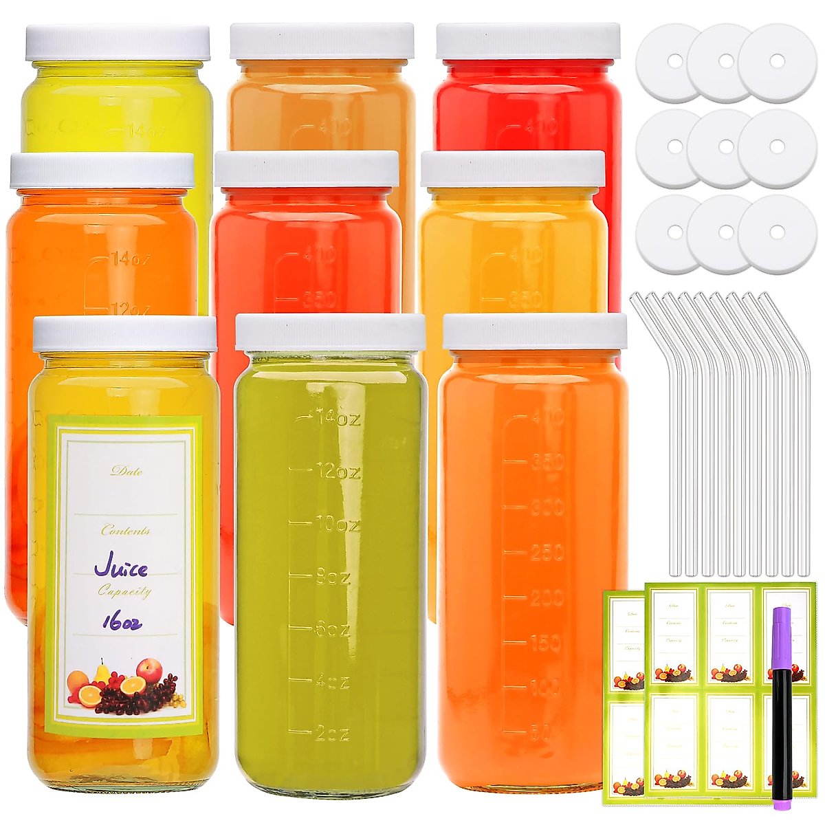 Salzesfalls 16oz Glass Juice Bottles with Lids and Straw,Reusable Juice Bottles with Lids,Travel Drinking Jars with Scale, for Juice,Coffee,Iced Tea,Smoothies,Milk,Set of 9
