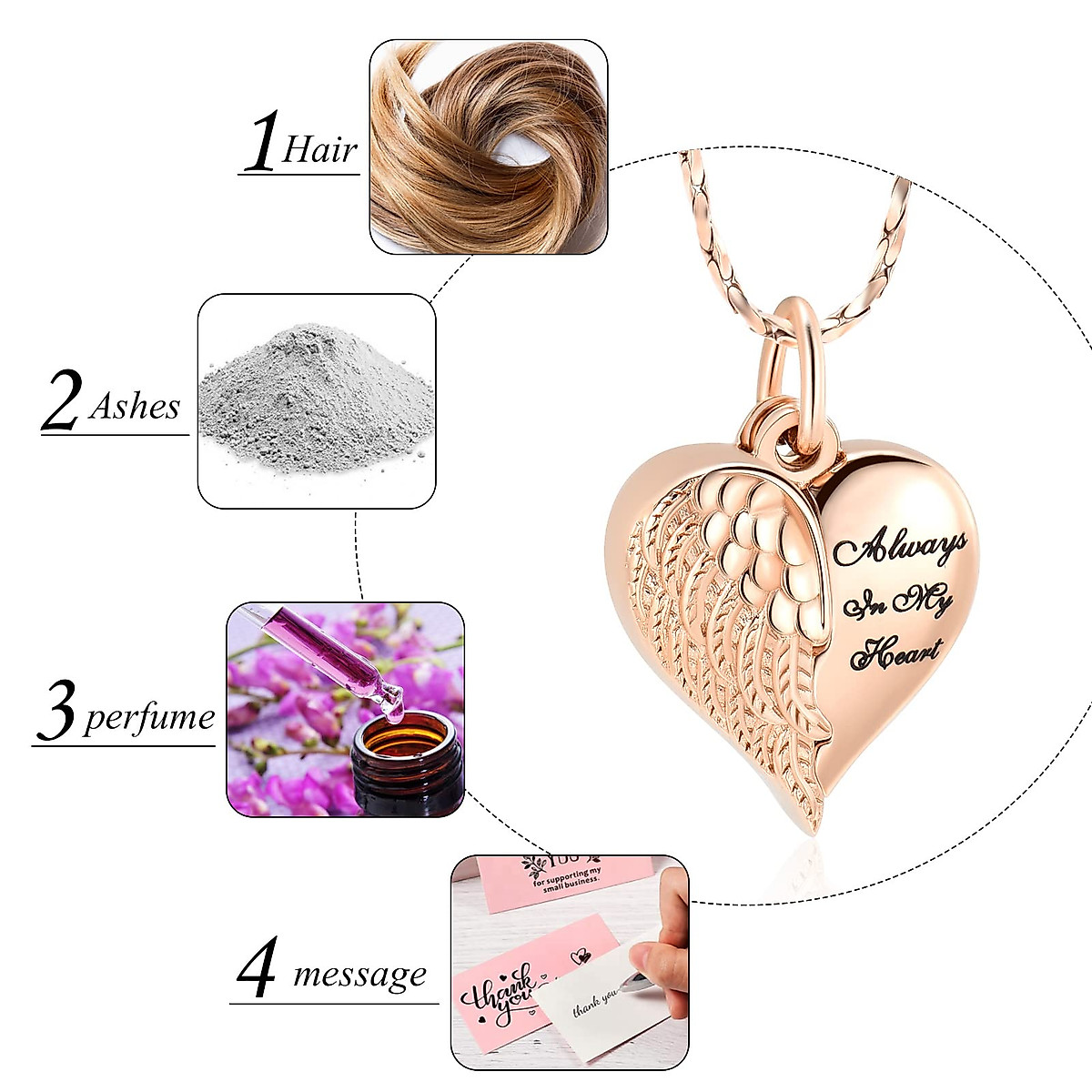 Imrsanl Cremation Jewelry for Ashes Heart Urn Necklace Pendants Ashes for Women Men Family Keepsake Memorial Angel Wing with Charm Heart for Loved Ones (Rose Gold)