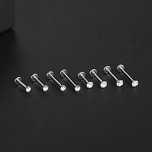 Oveta 8PCS Push Pin Lip Rings for Women 16G Threadless Labret Jewelry Monroe Ashley Medusa Piercing Jewelry, Top CZ 3mm