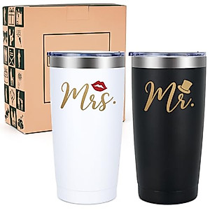 LiqCool Mr and Mrs Gifts, Wedding Gifts for Couple Wife Husband Bride Groom, Anniversary Birthday Gifts for Newlyweds, 20Oz Double Wall Vacuum Stainless Steel Tumbler Set(White & Black)