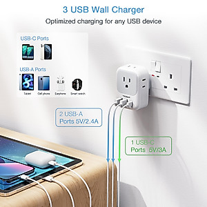 US to UK Plug Adapter, TESSAN Type G Travel Converter with 3 USB Charger(1 USB C Port), 4 Outlets Power Adaptor for USA to Qatar Ireland Hong Kong England Scotland Kenya Dubai London British