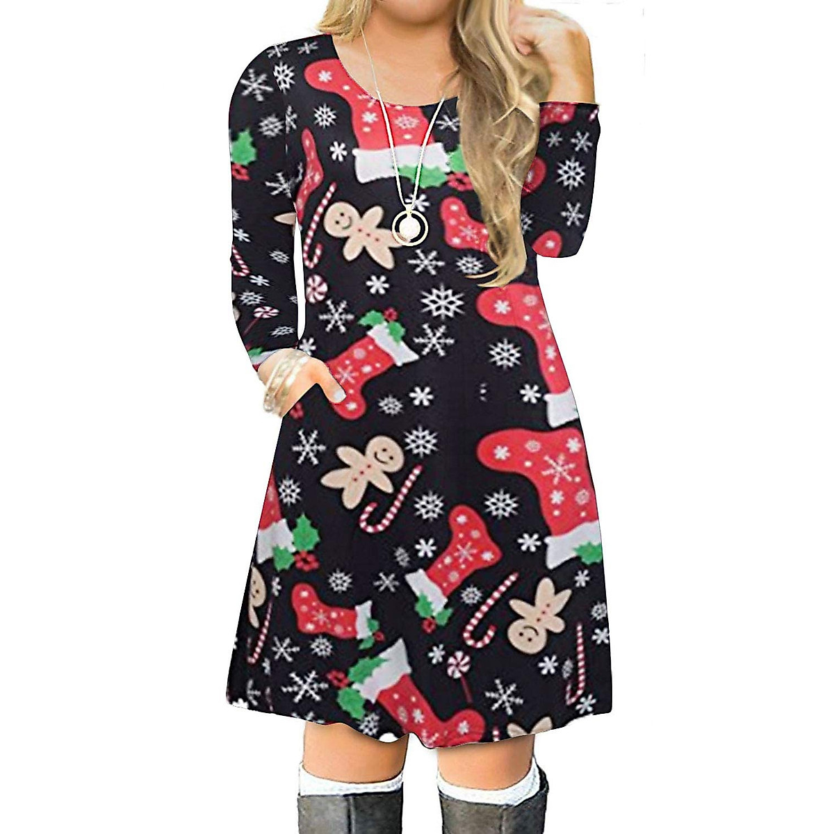 VISLILY Women's Plus Size Christmas Holiday Dress Xmas Patterned Tunic Dress 20W 03C