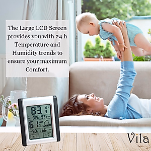 Vila Digital Thermometer and Hygrometer, Indoor Humidity and Temperature Monitor with Battery, Bright LCD Display for Quick Reading, Multiple Mounting Options, Touch Screen
