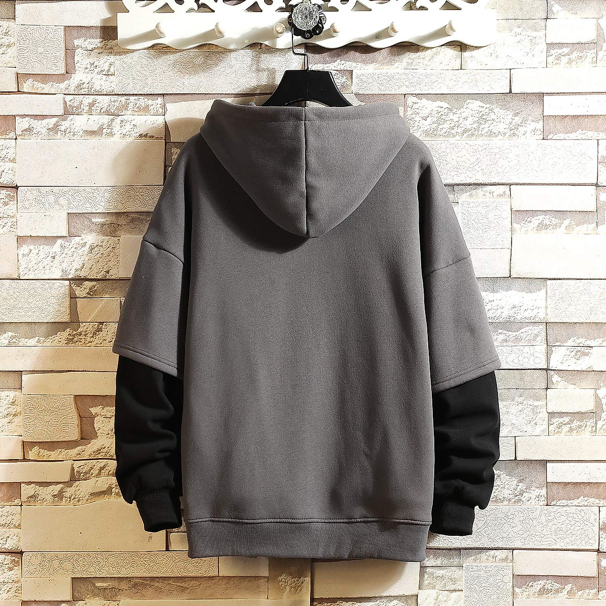 GURUNVANI Fashion Hoodies Men's Color Block Pullover O-Neck Hooded Sweatshirt Patchwork Large