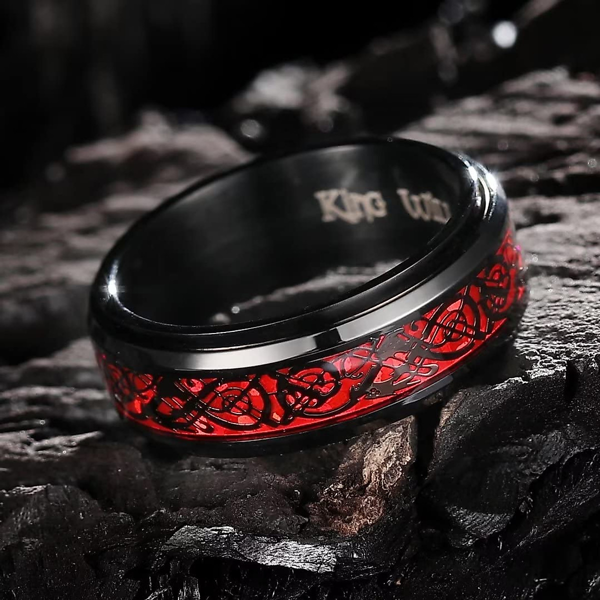 King Will Spinner 8mm Stainless Steel Ring Anxiety Relief Red Celtic Dragon Black Carbon Fibre Inlay Fidget Wedding Ring 10