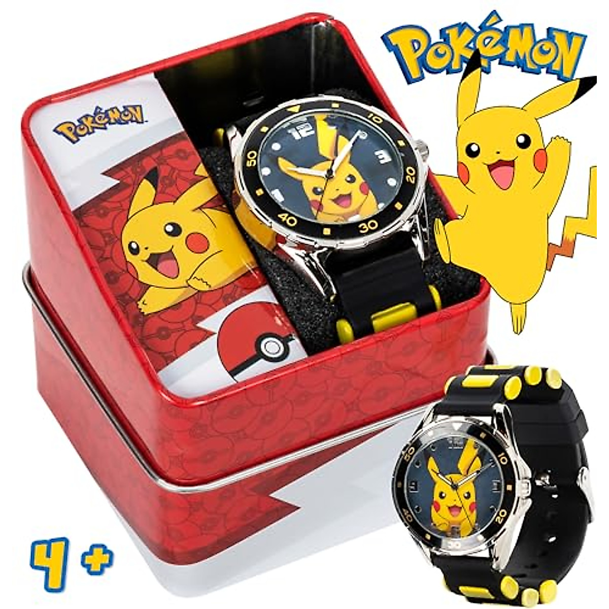 Accutime Kids Pokemon Pikachu Analog Quartz Wrist Watch with Black & Yellow Strap, Cool Inexpensive Gift & Party Favor for Boys, Girls, Adults All Ages (Model: POK9056AZ)