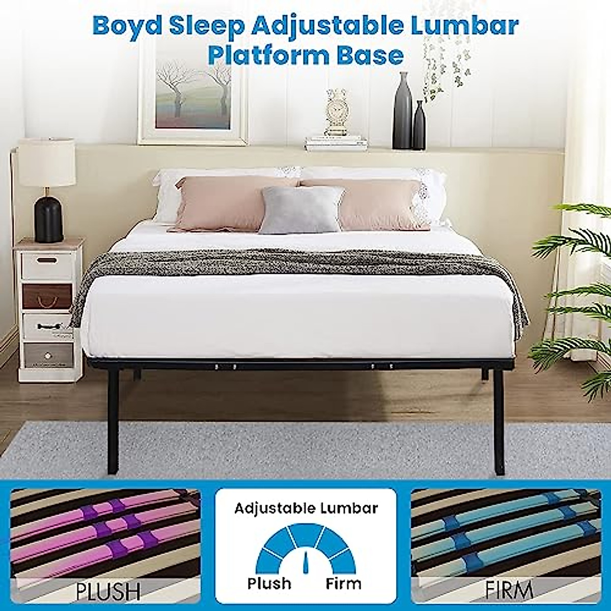 Boyd Sleep 14" High Metal Platform Bed Frame with Wood Slat Support, Adjustable Lumbar Zone from Firm to Plush, No Box Spring Required, Easy Assembly, Under Bed Storage Space, Size California King