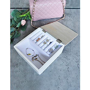 Rae Dunn White Jewelry Box with Natural Wood Lid - Wooden Jewelry Organizer Case for Earring, Necklace, Ring, Watch, Keepsake, Small Accessories - Bedroom Decor and Vanity Storage Organizers "Jewels"