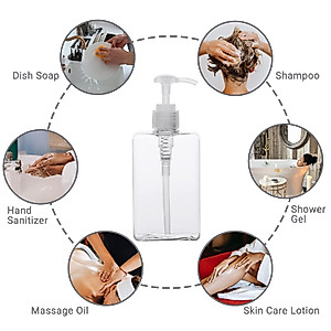 Suream Refillable Shampoo and Conditioner Bottles, 9.5oz/280ml Clear Plastic Pump Dispensers for Shower, Square Empty Bathroom Bottle for Body Wash, Essential Oil, Soap Liquid, Lotion, 3Pack