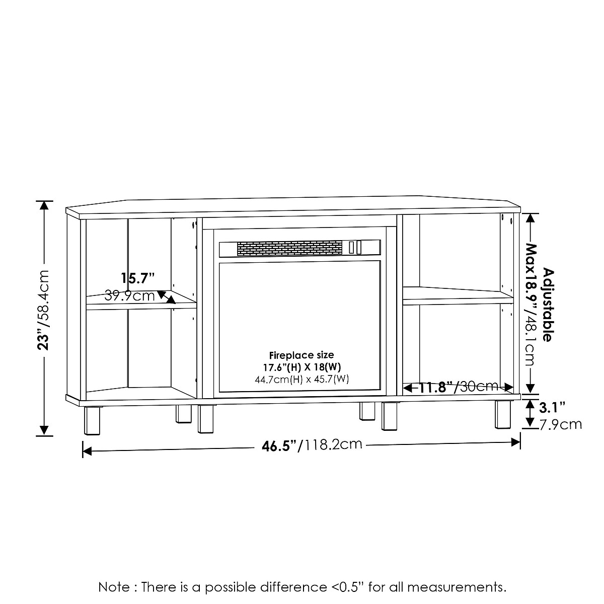 Furinno Jensen Corner Fireplace TV Stand with 4 Open Compartments for TV up to 55 Inches, French Oak Grey