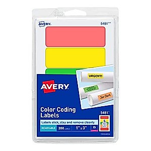 Avery Removable Print or Write Color Coding Labels, 1 x 3 Inches, 200 Labels (5481), Assorted Color (Neon Green/Neon Orange/Neon Red/Neon Yellow)