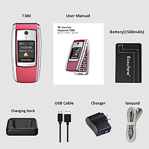 Easyfone T300 4G LTE Unlocked Senior Flip Cell Phone, Big Button Clear Sound Flip Mobile Phone for Elderly with SOS Button, GPS and Big Charging Dock (Red)