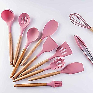 LMMDP Silicone Kitchen Tools Set Cooking Tools Utensils Set Spatula Shovel Soup Spoon with Wooden Handle Special Heat-resistant Design