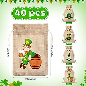 Riakrum 48 Pieces St. Patricks Day Burlap Gift Bags with Drawstring St. Patricks Day Shamrock Linen Goody Gift Bags Jute Treat Candy Bags for St. Patrick's Day Party Supplies, 4 Different Designs