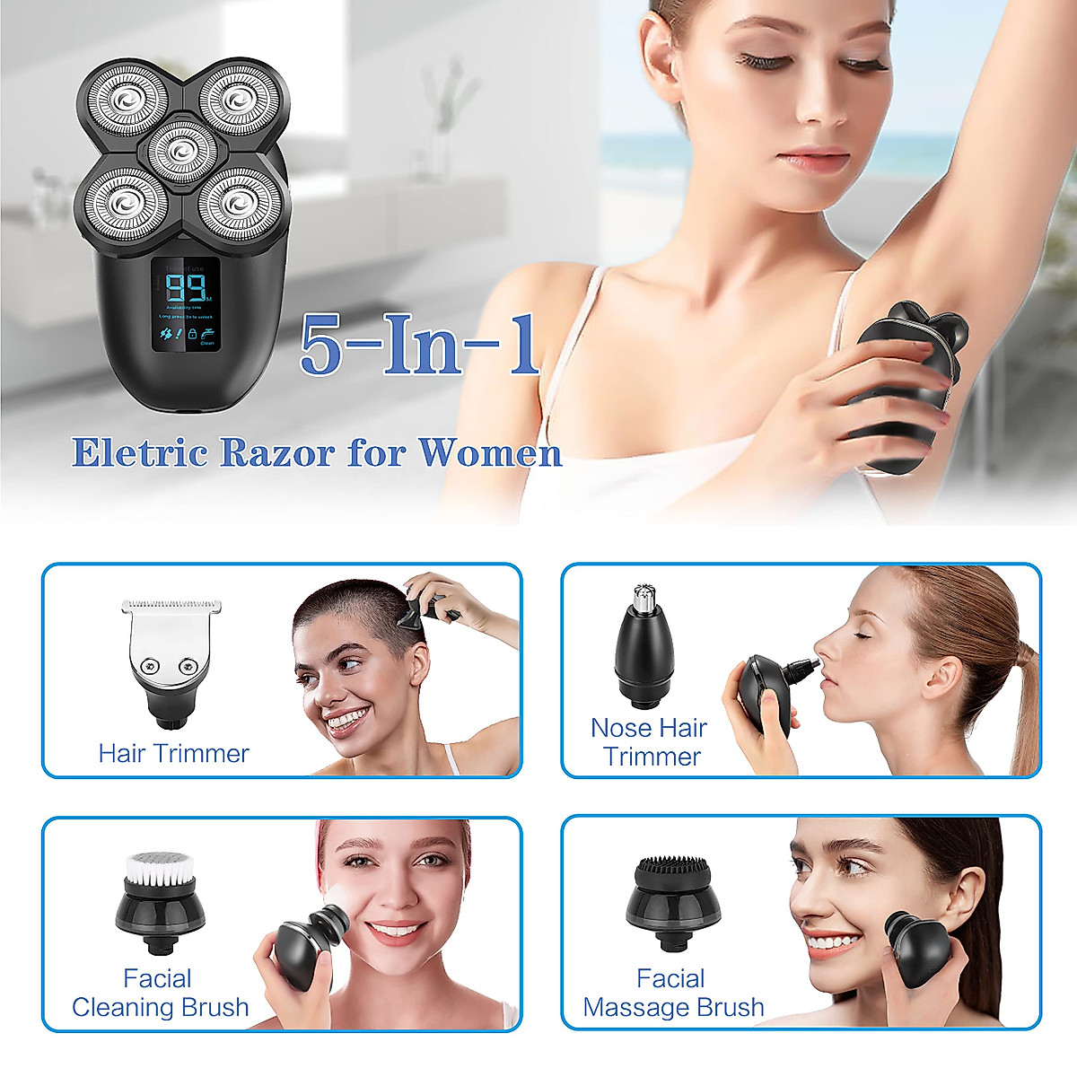 NETB 5 in 1 Women Razor for Legs Bikini Face Underarm Body,Painless Electric Shaver for Women with LED Display,Waterproof Lady Shavers Electric Rechargeable Hair Trimmer