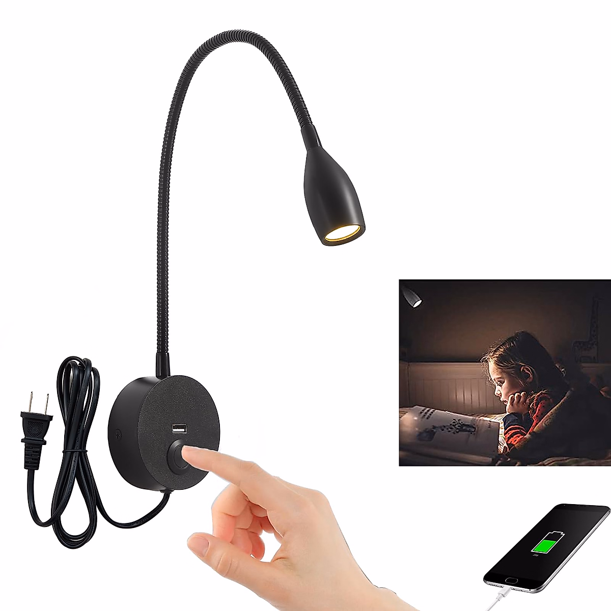 CRISETEK Reading Light Wall Mounted Reading Light headboard Touch Switch Dimmable Reading Lamp Task Directional LED Gooseneck Light AC (120V) Plug in Cable Powered 3W (Matte Black, Warm White)