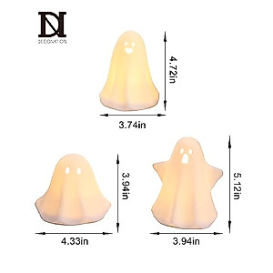 DN DECONATION Cute Ceramic Light Up Ghost Decor, 3PCS Ghost Halloween Decor White Spooky Sculptures, Small Led Ghost Figurines for Indoor Halloween Party Desk Tabletop Centerpieces Decoration