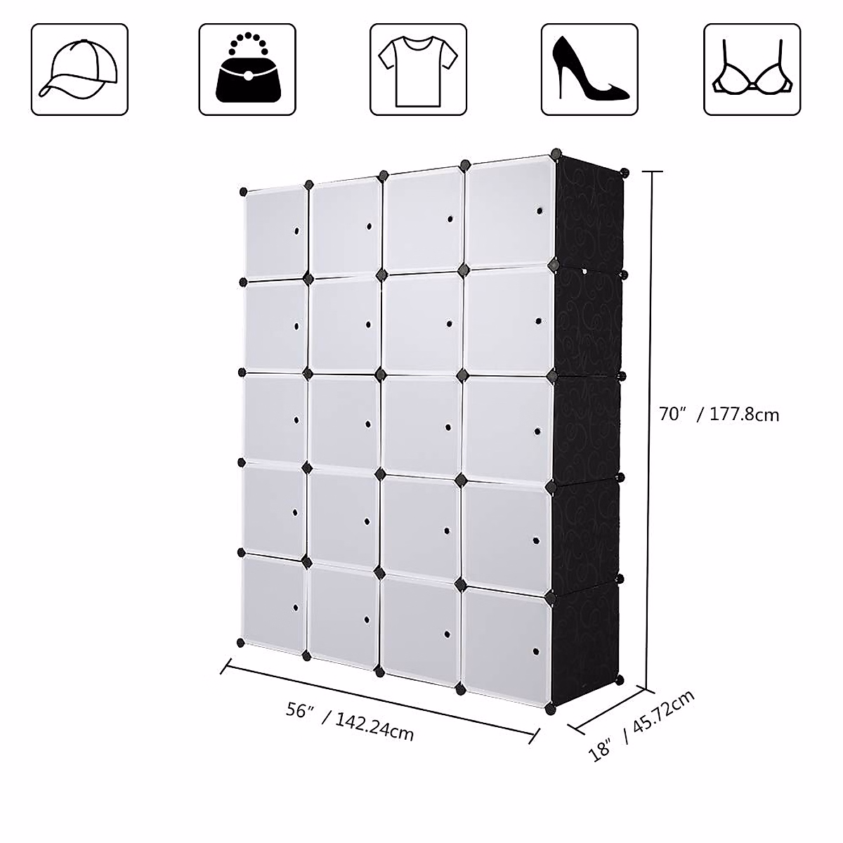Modular Wardrobe, Portable Clothes Closet, 20 Cube Organizer Stackable Plastic Cube Storage Shelves Design Multifunctional Modular Closet Cabinet with Hanging Rod White