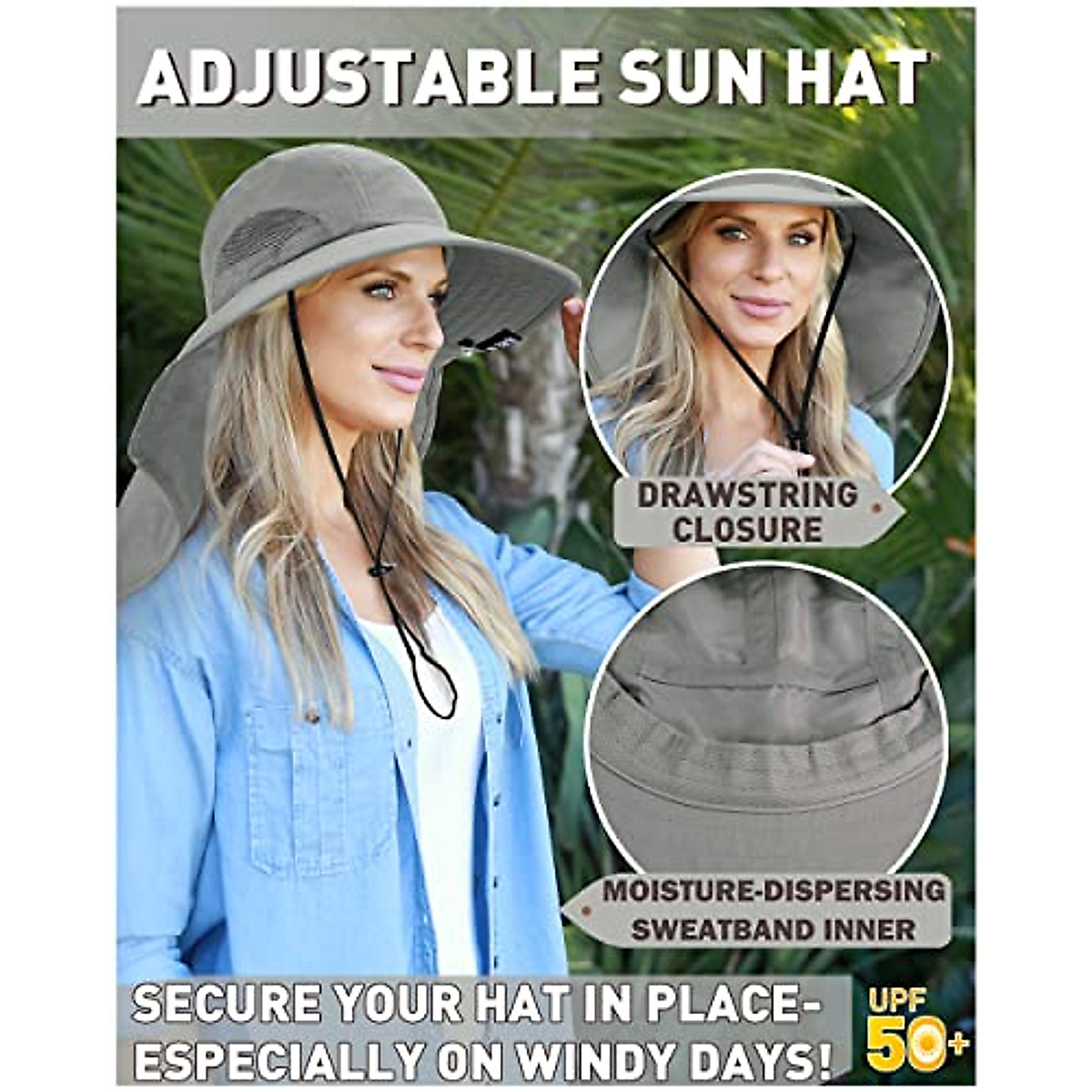 Wide Brim Sun Hat with Neck Flap, UPF 50+ Hiking Safari Fishing Caps for Men and Women Gray