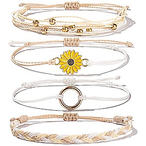 FANCY SHINY Sunflower String Bracelet Handmade Braided Rope Charms Boho Surfer Bracelet for Teen Girls Women(Wheat)