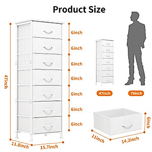 Fixwal White Tall Dresser for Bedroom, Storage Dresser Organizer with 7 Fabric Drawers, Nightstand Furniture in Closet, Entryway, Hallway