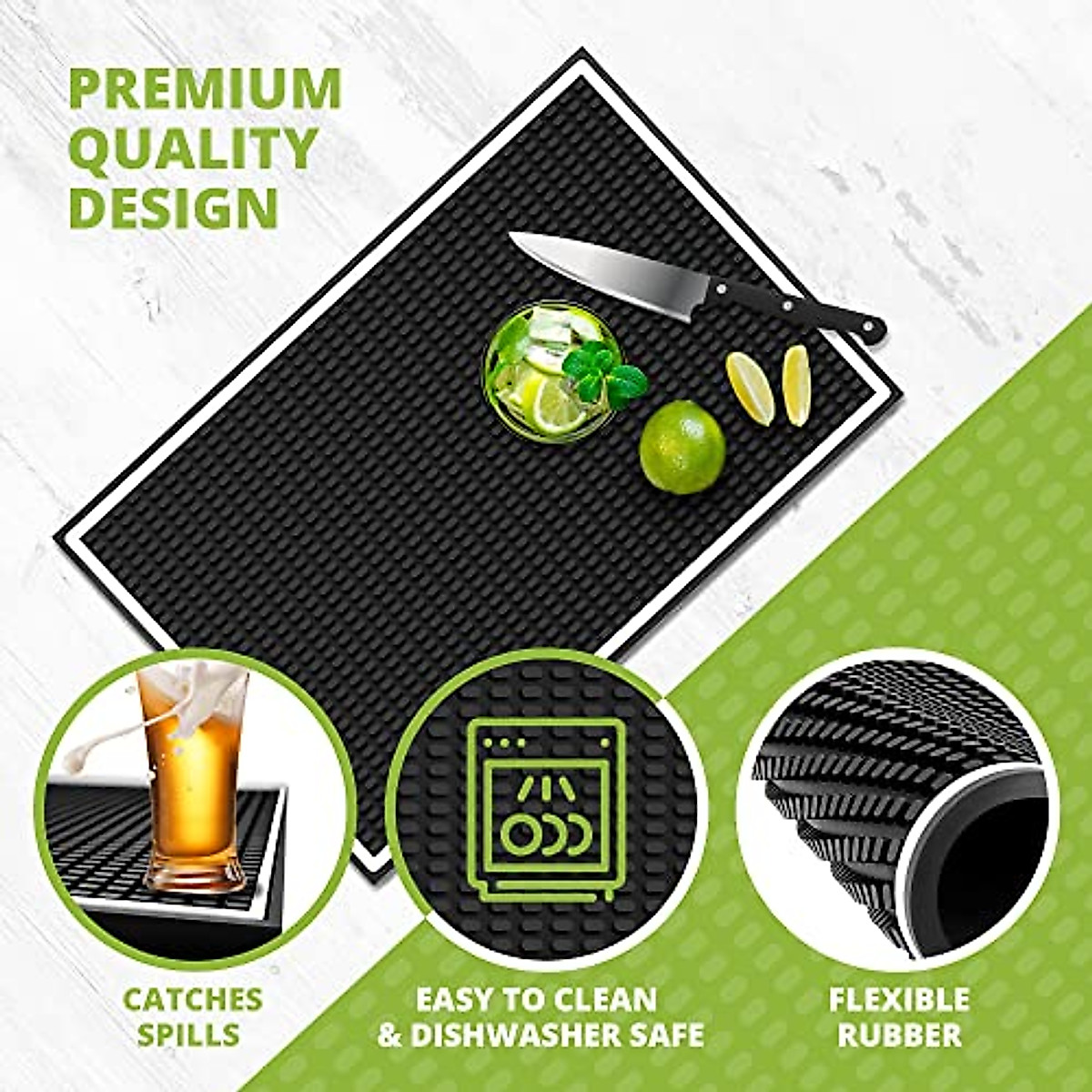 Bar Mat Counter Top - 17.7 x 11.8 inch, Black Waterproof, Non-Slip, Non-Toxic, Heavy Duty Rubber, Easy to Clean, Perfect for Bars & Restaurants, Premium Quality - Knot and Style (Premium)