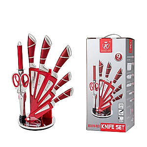 Kitchen Knife Set, CHEFDEER 9-Piece Pink Sharp Non-Stick Coated Chef Knives Block Set,Stainless Steel Knife Set for Kitchen with Sharpener for Cutting Slicing Dicing Chopping (Red)