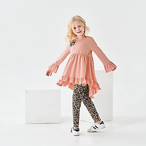 Axumity Kid Girls Clothes Ruffled Long-sleeve High Low Top with Bowknot + Leopard Print Pants 2-piece Winter Spring Girl Outfit Set(8-9t)