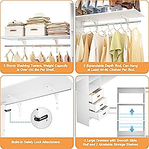 Armocity 96 Inches Closet System, 8FT Walk In Closet Organizer with 3 Shelving Towers, Heavy Duty Clothes Rack with 3 Drawers, Built-In Garment Rack, 96" L x 16" W x 75" H, Max Load 1000 LBS, White