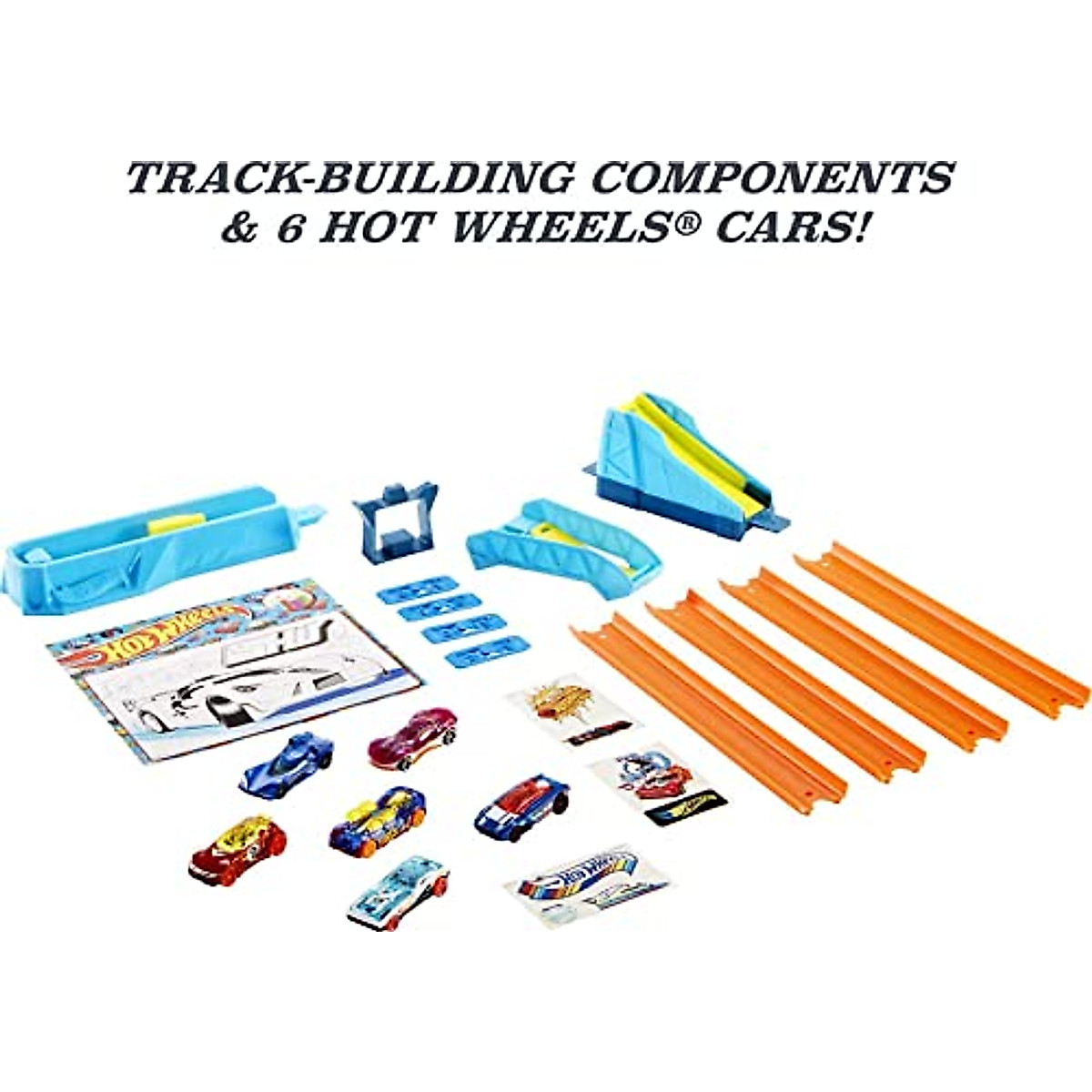 Hot Wheels HW Celebration Box Complete Starter Set with 6 1:64 Scale Cars, Track, Connectors, 4-Speed Launcher, Ramps, Activity Page & Stickers, Gift for Kids 4 Years Old & Up