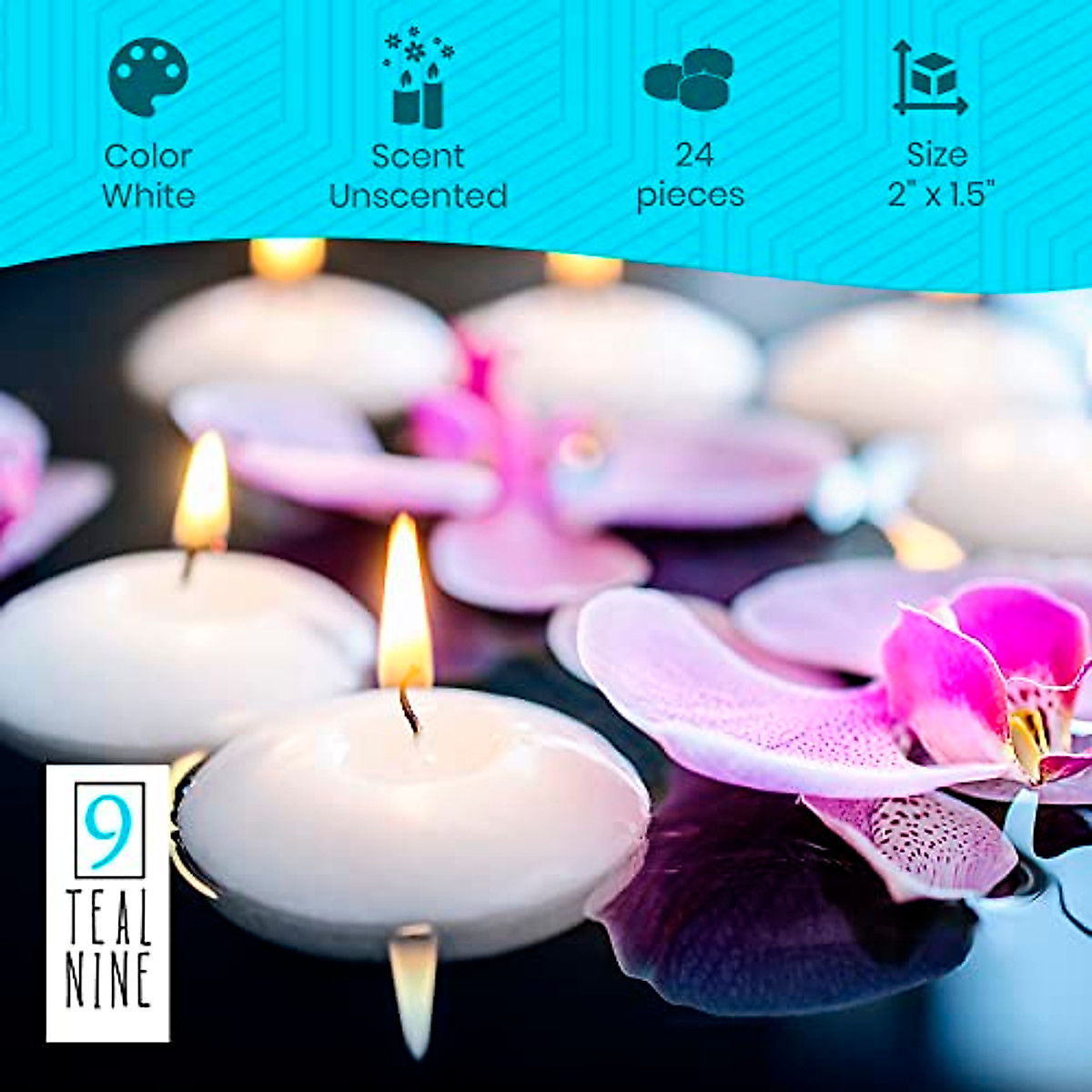 Premium 24 Piece 2 inch Unscented White Dripless Wax Burning Floating Candles Centerpieces, 4+ Hour Burn, Round Tealight Shaped Disks for Wedding, Parties, Special Occasions, Home Decoration TeaL NiNE