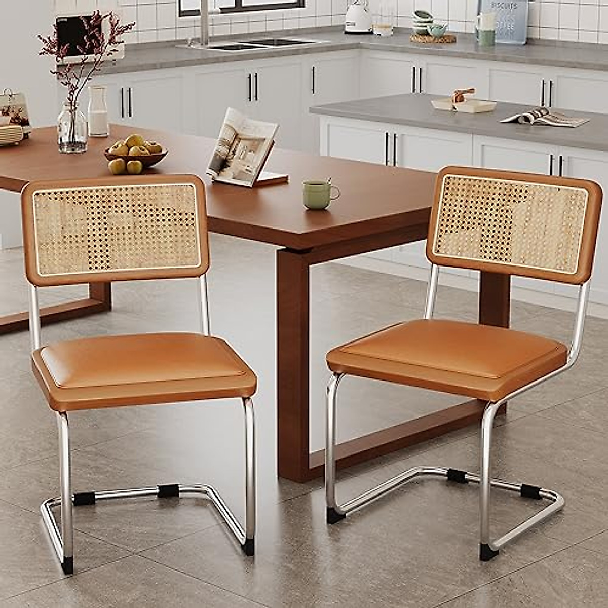 Alunaune Mid Century Modern Dining Chairs Set of 2, Upholstered Natural Rattan Kitchen Accent Chairs, Armless Side Chair with Metal Chrome Legs for Bedroom Living Room-Brown with PU Seat